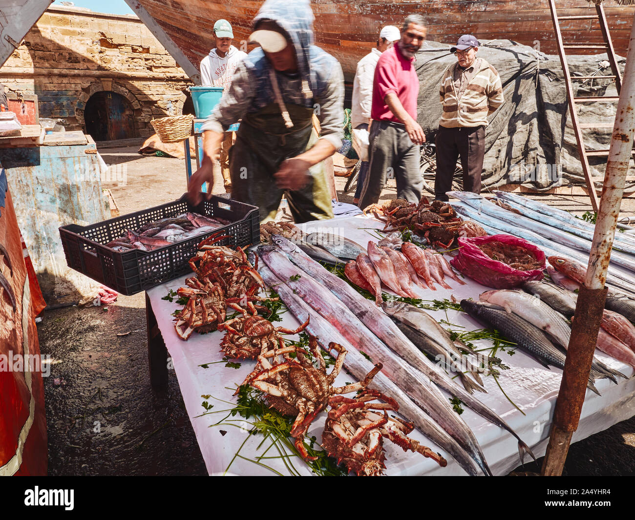 Moroccan fisherman arranging fresh seafood on the table for sale on ...