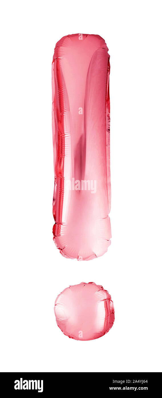 Rose gold exclamation point made of inflatable helium balloon isolated ...