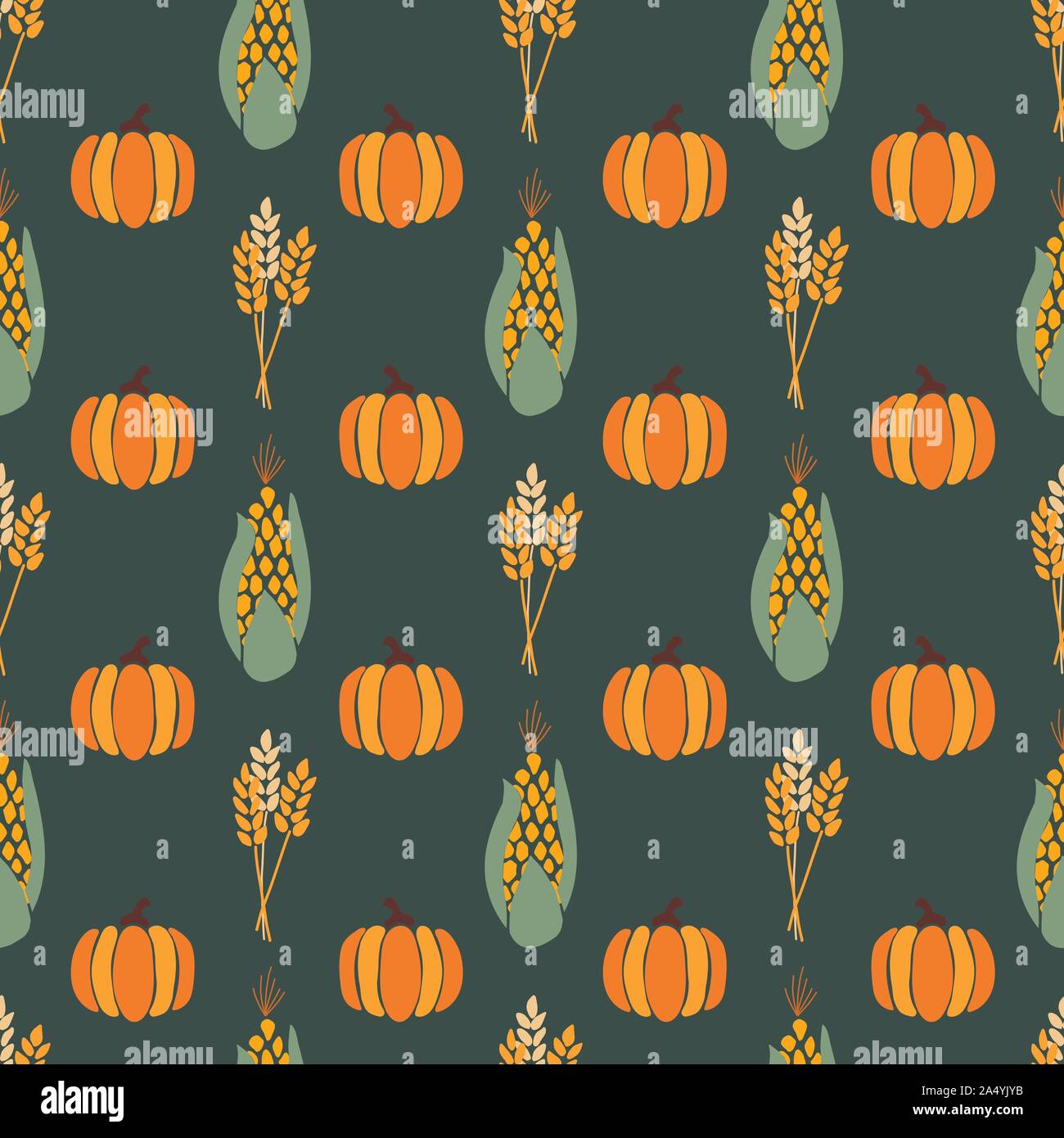 Autumn Corn plant, crop and pumpkins on dark green background seamless repeating vector pattern ...