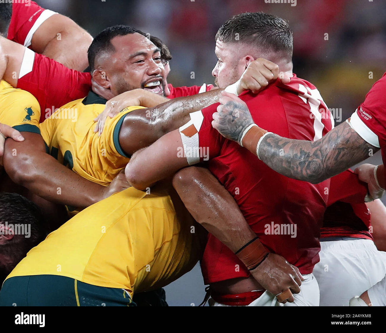 Nicky Smith (R) of Wales and Sekope Kepu (L) of Australia scuffle ...