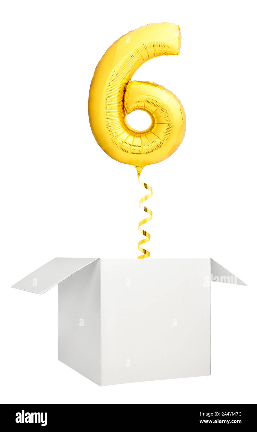 Golden number six balloon flying out of blank white box isolated on ...