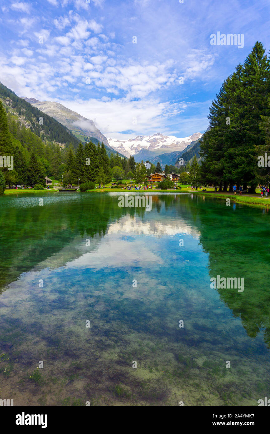 Italy, Aosta Valley, Gressoney-Saint-Jean, Lago di Gover, Monte Rosa in ...