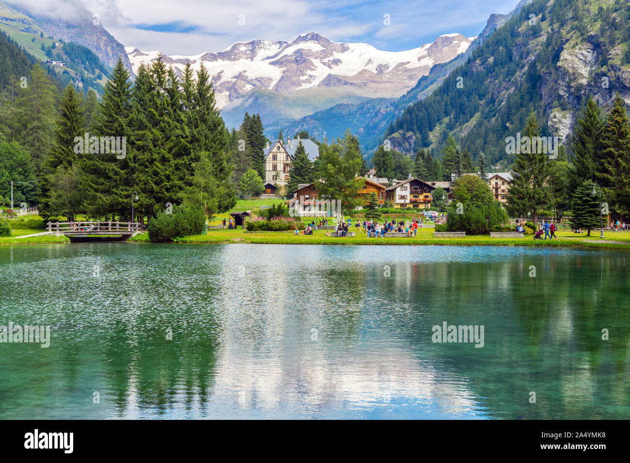 Italy, Aosta Valley, Gressoney-Saint-Jean, Lago di Gover, Monte Rosa in ...