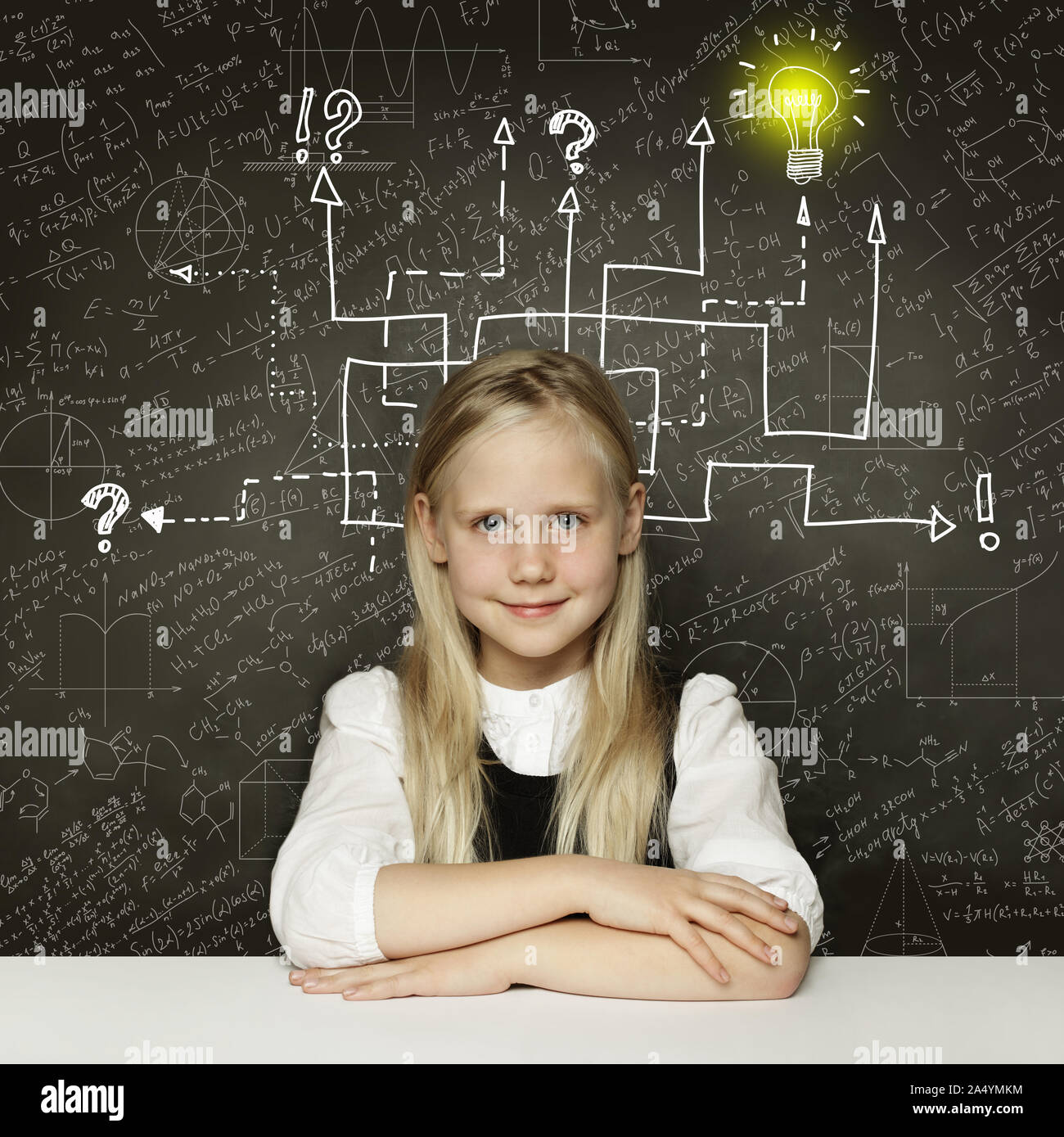 Thinking child girl with question signs and light idea bulb, education ...