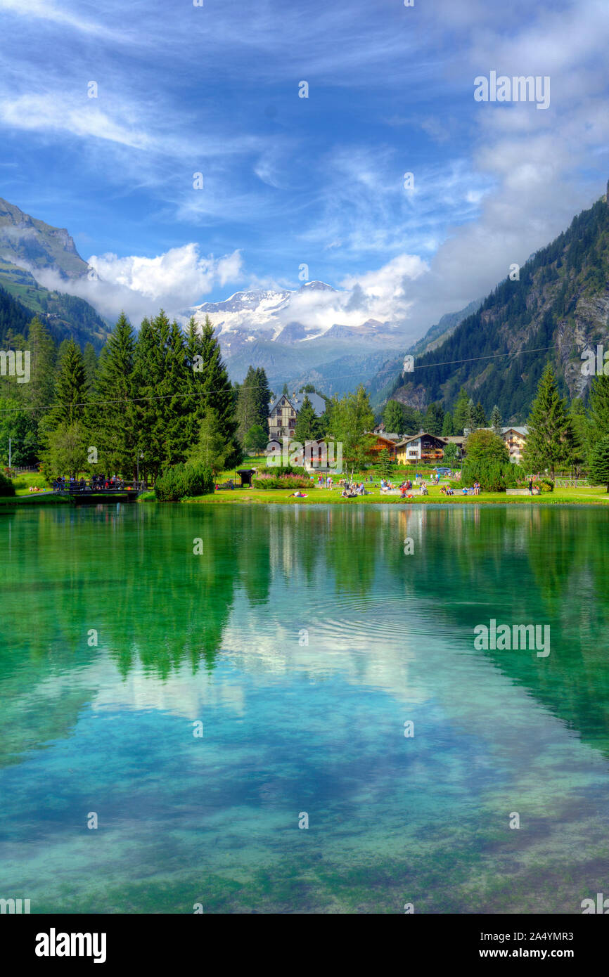 Italy, Aosta Valley, Gressoney-Saint-Jean, Lago di Gover, Monte Rosa in ...