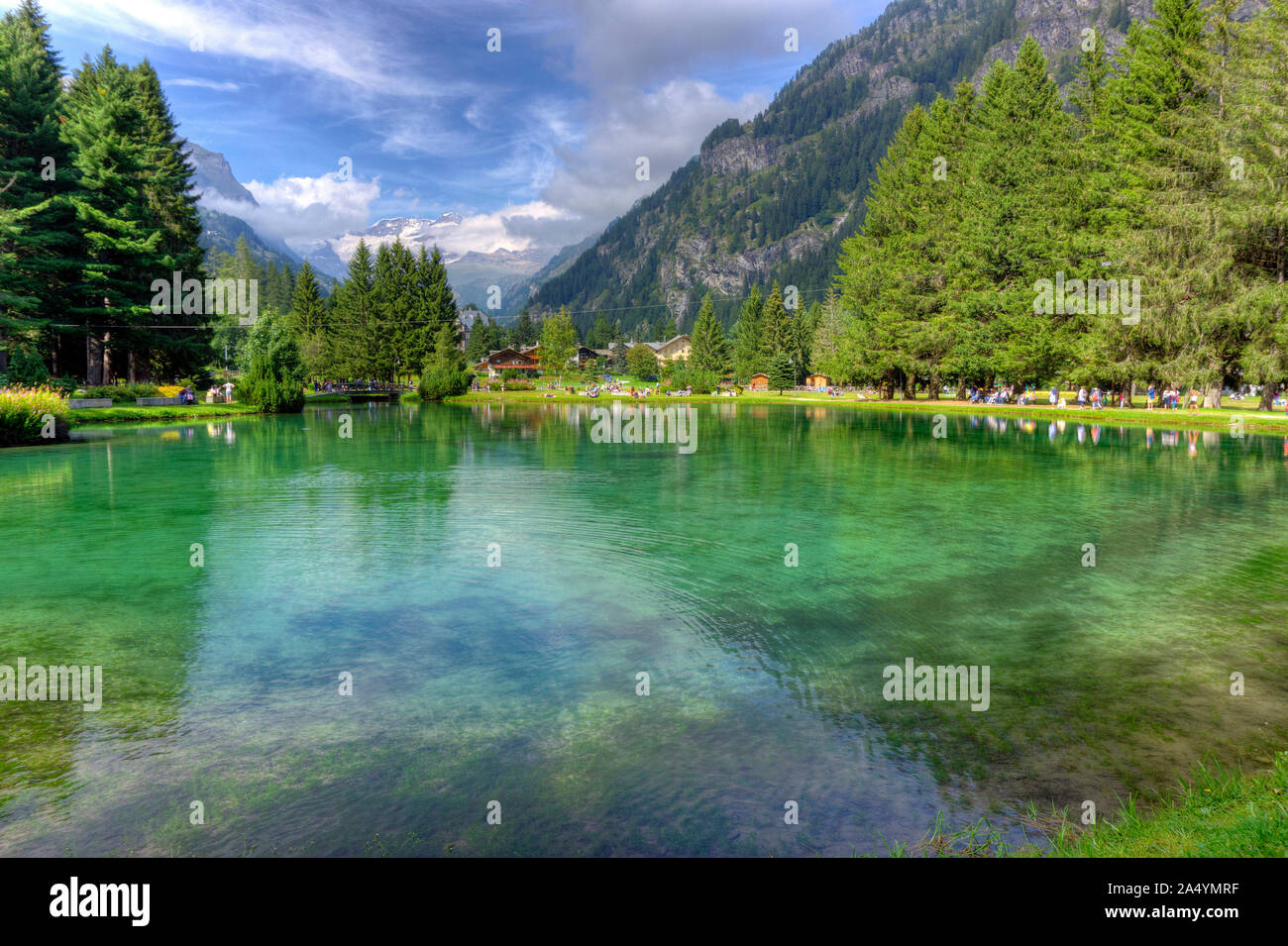 Italy, Aosta Valley, Gressoney-Saint-Jean, Lago di Gover, Monte Rosa in ...