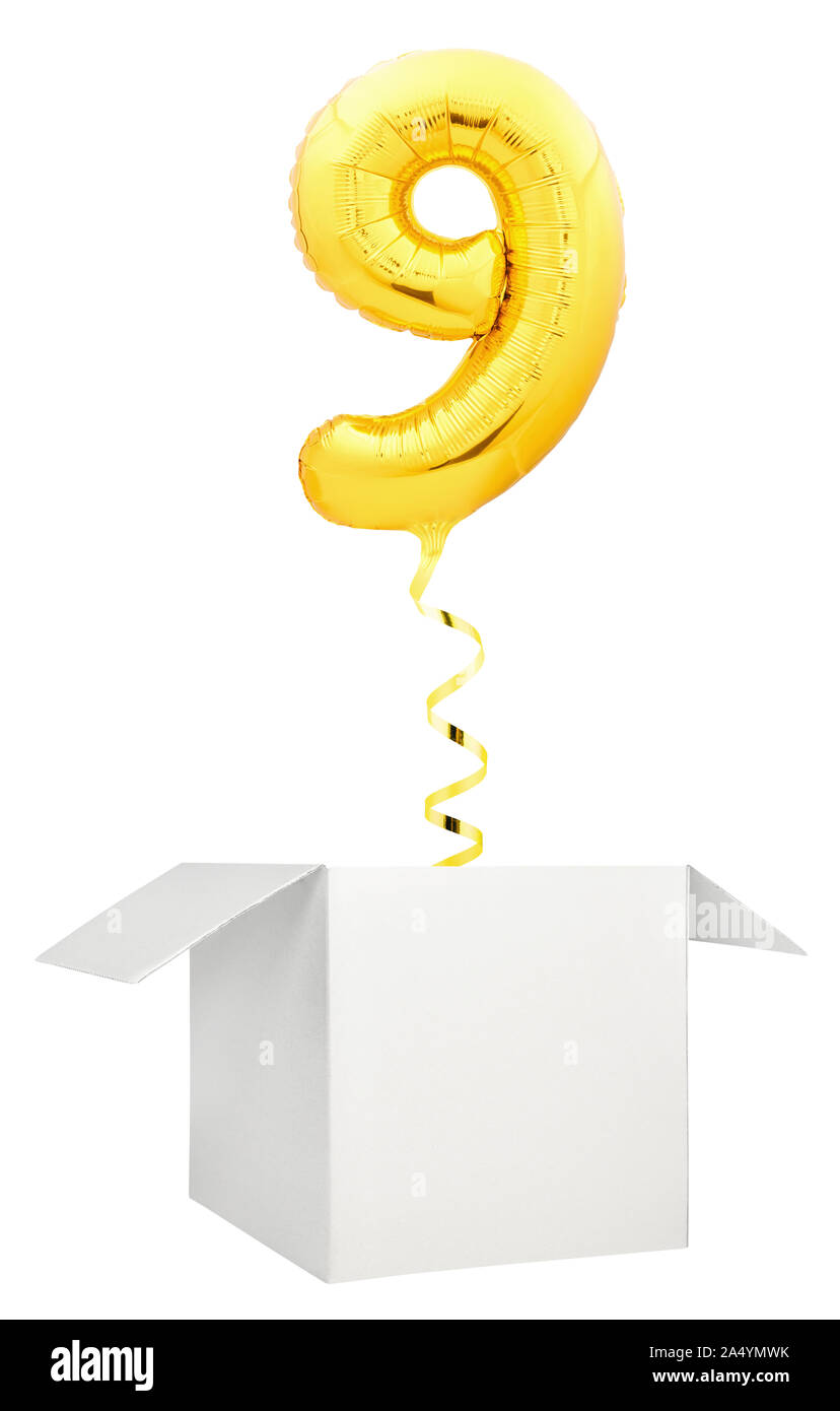 Golden number nine balloon flying out of blank white box isolated on ...