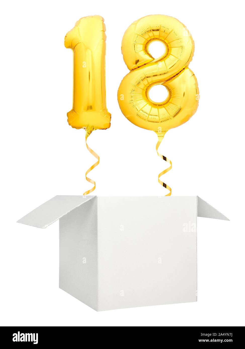 Golden number eighteen balloon flying out of blank white box isolated ...