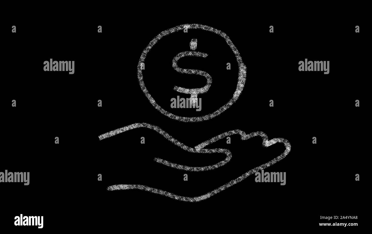 hand and coin icon designed with drawing style on chalkboard, animated ...
