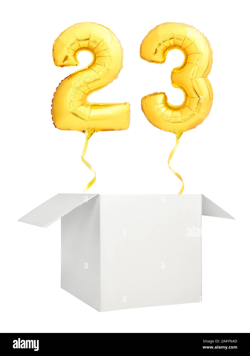 Golden number twenty three balloon flying out of blank white box ...