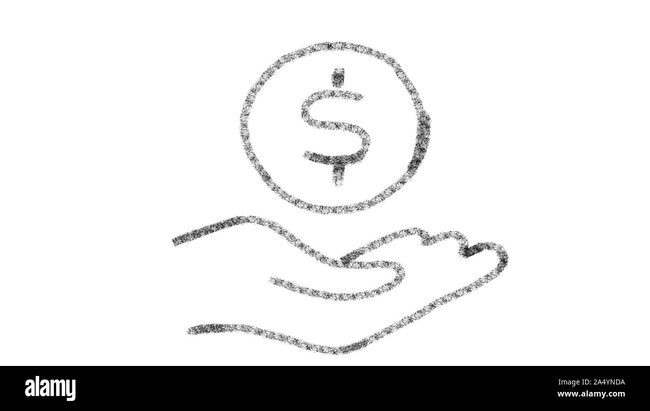 hand and coin icon designed with drawing style on chalkboard, animated ...