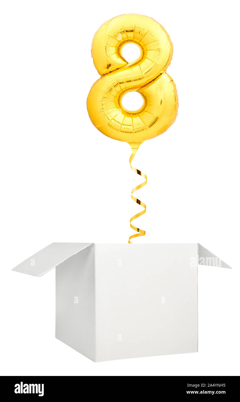 Golden number eight balloon flying out of blank white box isolated on ...