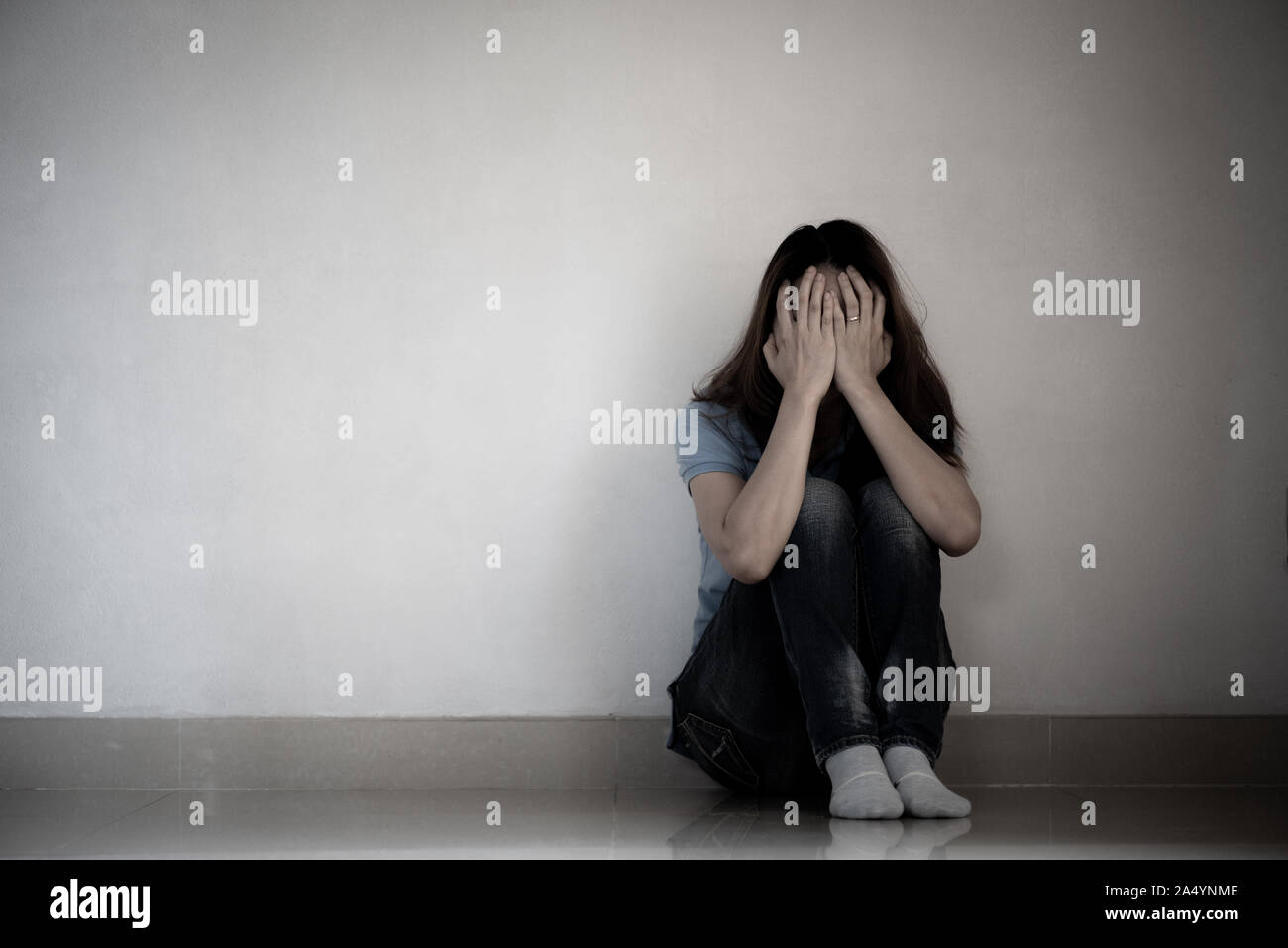 Sad Woman Hug Her Knee And Cry Sad Woman Sitting Alone In A Empty Room