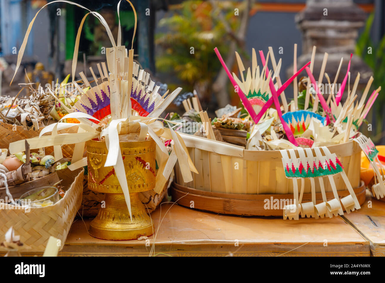 Traditional Balinese offering at a family temple (Sanggah Kemulan Rong ...