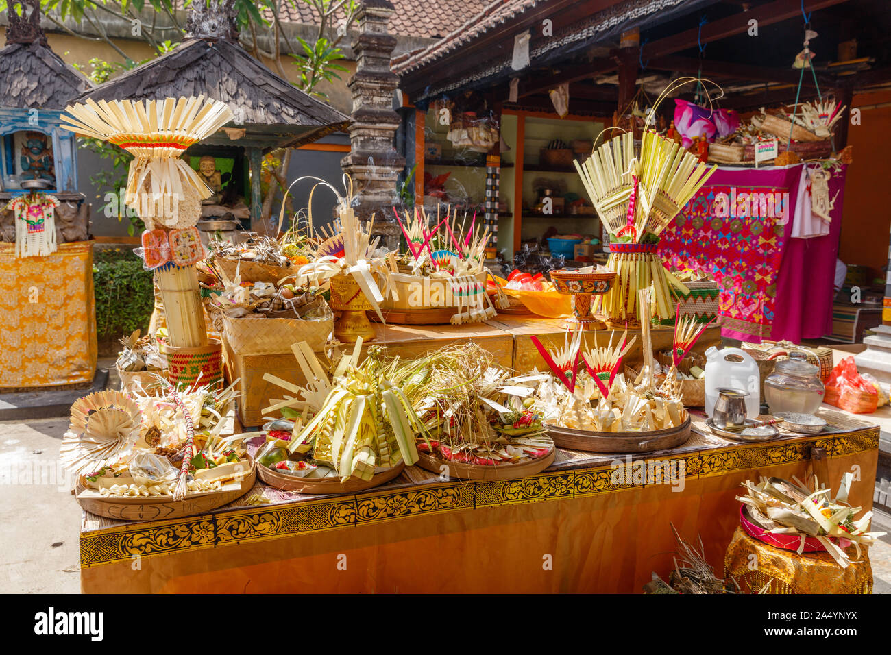 Traditional Balinese offering at a family temple (Sanggah Kemulan Rong ...