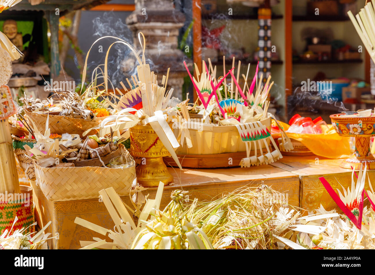 Traditional Balinese offering at a family temple (Sanggah Kemulan Rong ...