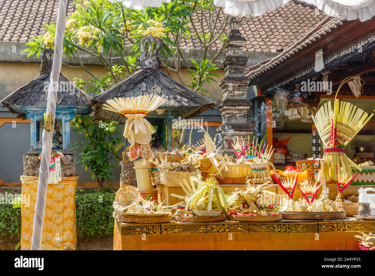 Traditional Balinese offering at a family temple (Sanggah Kemulan Rong ...