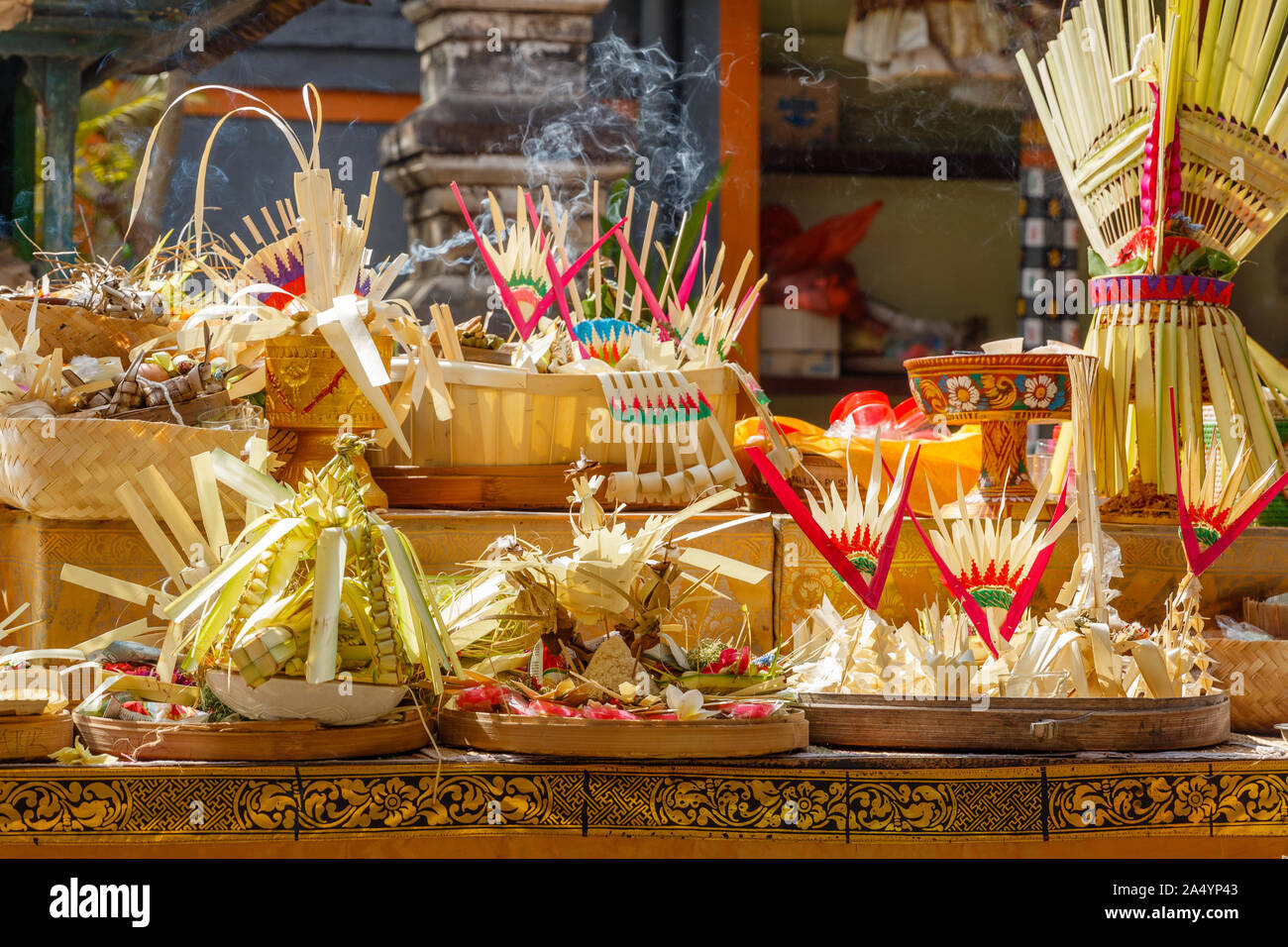 Traditional Balinese offering at a family temple (Sanggah Kemulan Rong ...