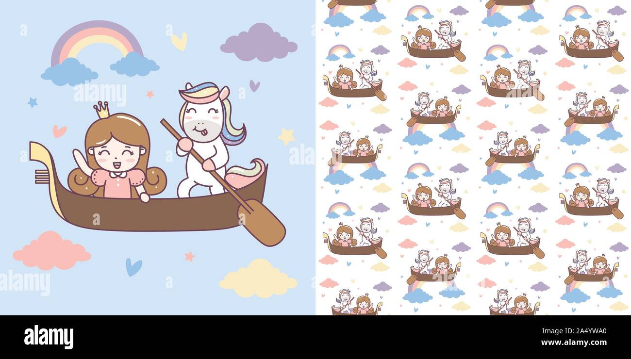 Cute Unicorn and Princess ride a boat with seamless pattern Vector ...