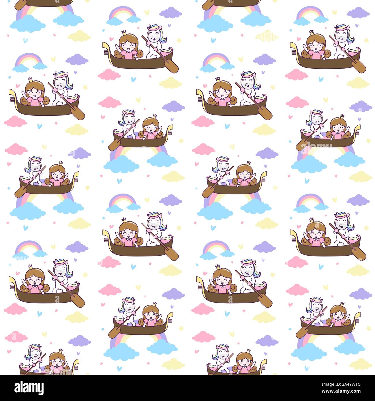 Cute Unicorn and Princess ride a boat seamless pattern. Vector ...
