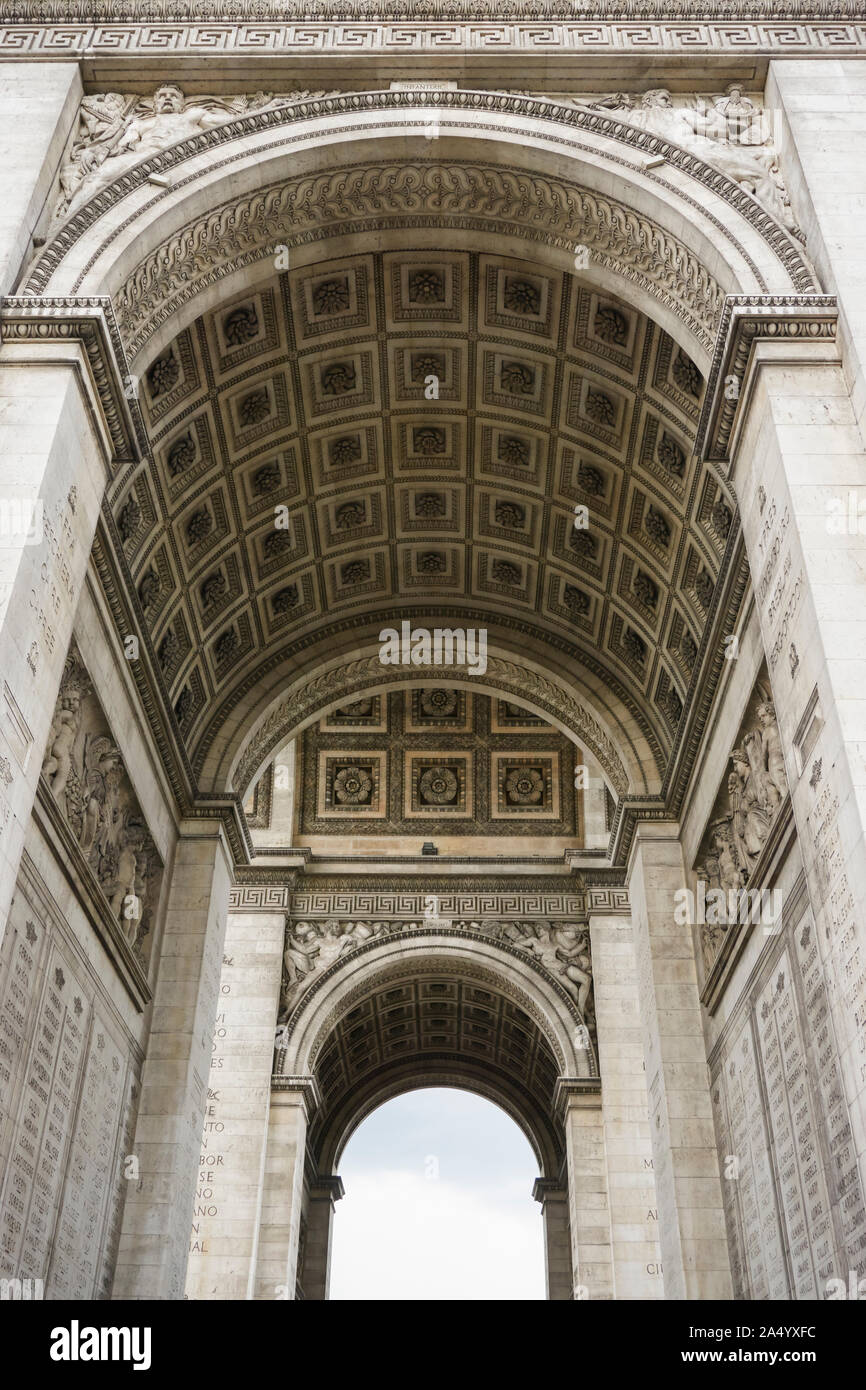 Architectural details and facade of the Arch of Triumph in Paris (Arc ...