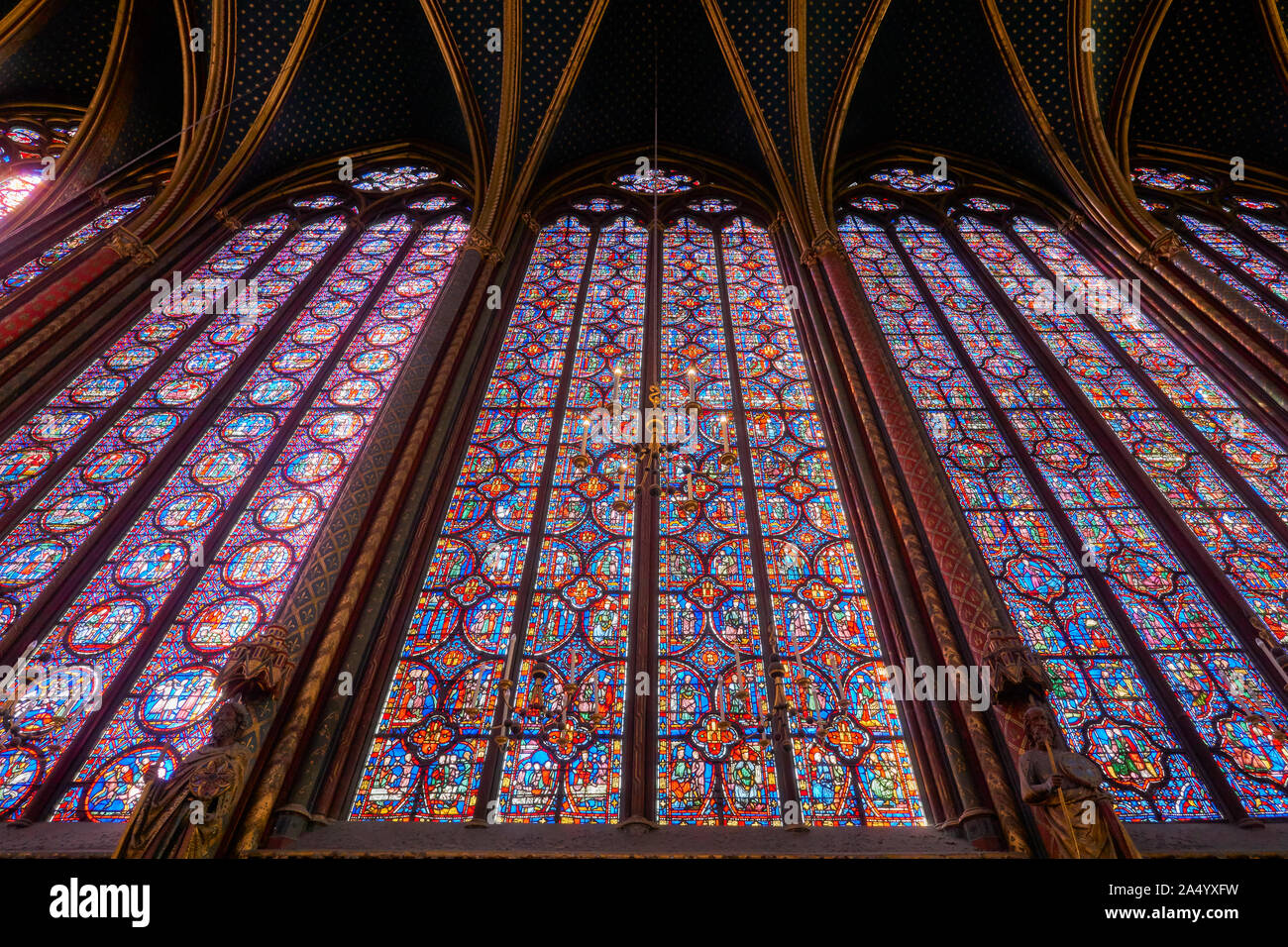 Interior view and details of the stained glass of the Holy Chapel ...