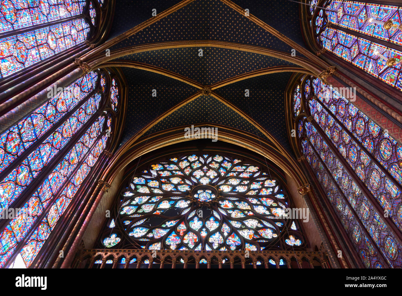 Interior view and details of the stained glass of the Holy Chapel ...