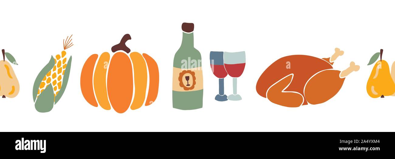 Thanksgiving dinner food seamless vector border. Autumn roast turkey ...