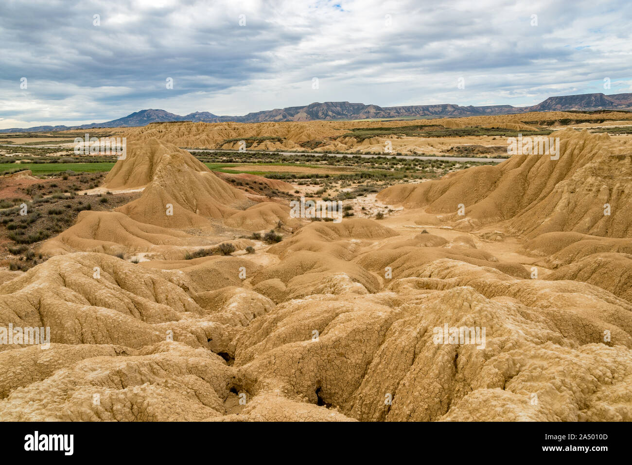Sedimentary eroded mountains in the Spanish badlands Bardenas Reales ...