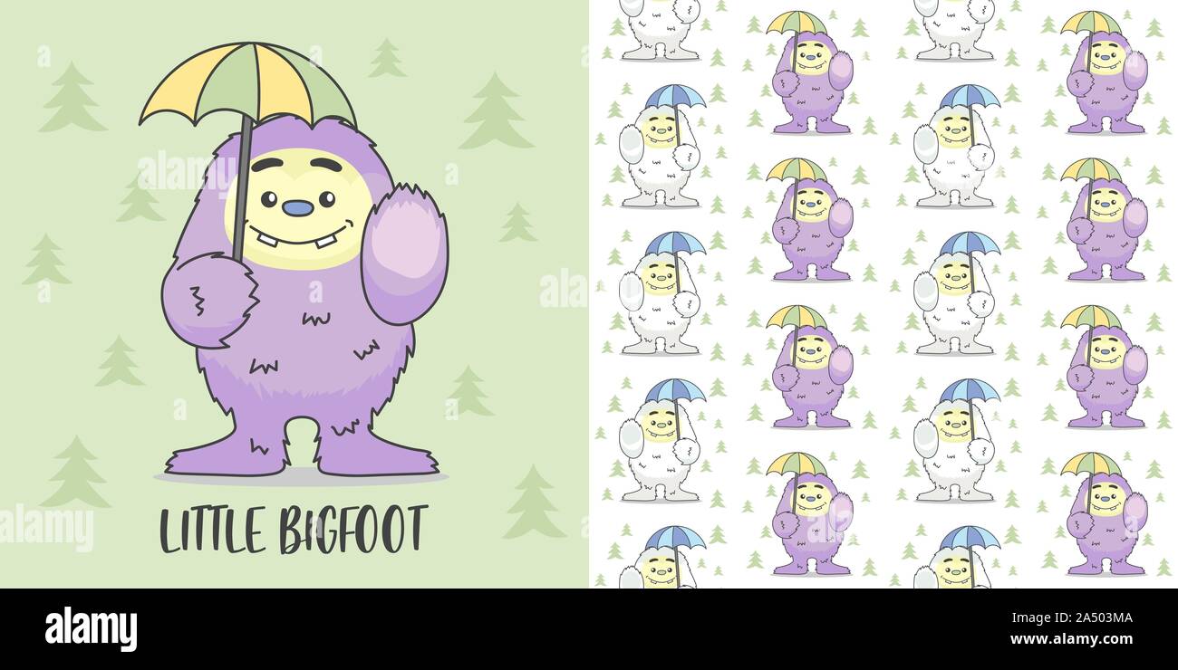 Little Monster Big food hold umbrella and seamless pattern. Vector ...