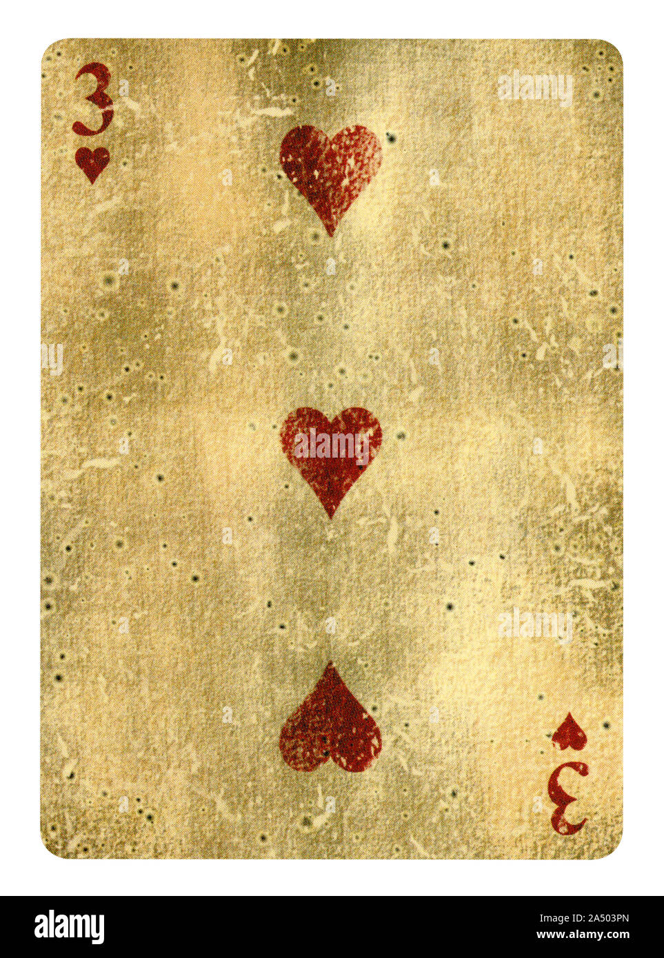 Three of Hearts Vintage playing card - isolated on white (clipping path ...