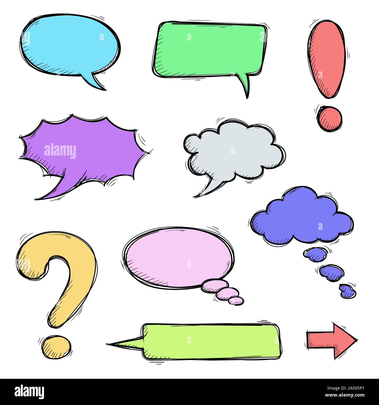 Colored speech bubbles and punctuation marks. Hand drawn doodle Stock ...