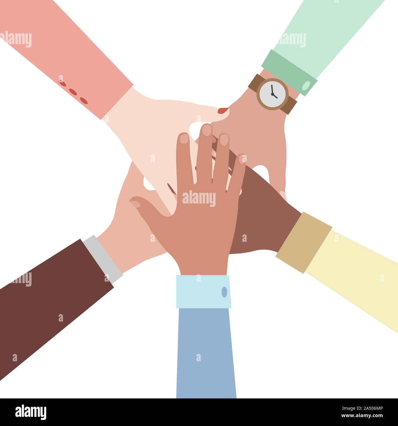 Hands of diverse group of people putting together. Concept of cooperation, unity, togetherness ...