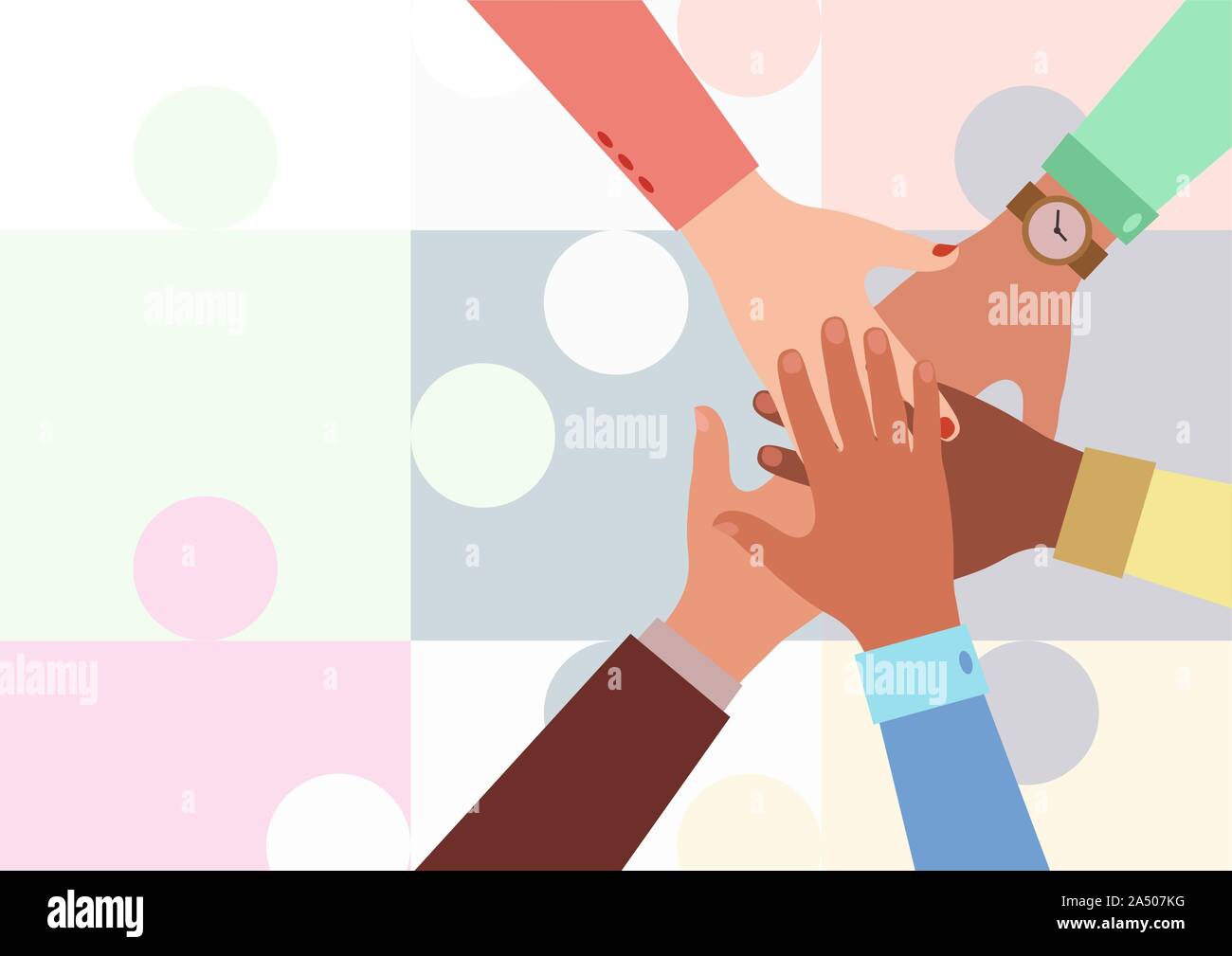 Hands of diverse group of people putting together on a puzzle background. Concept of cooperation ...