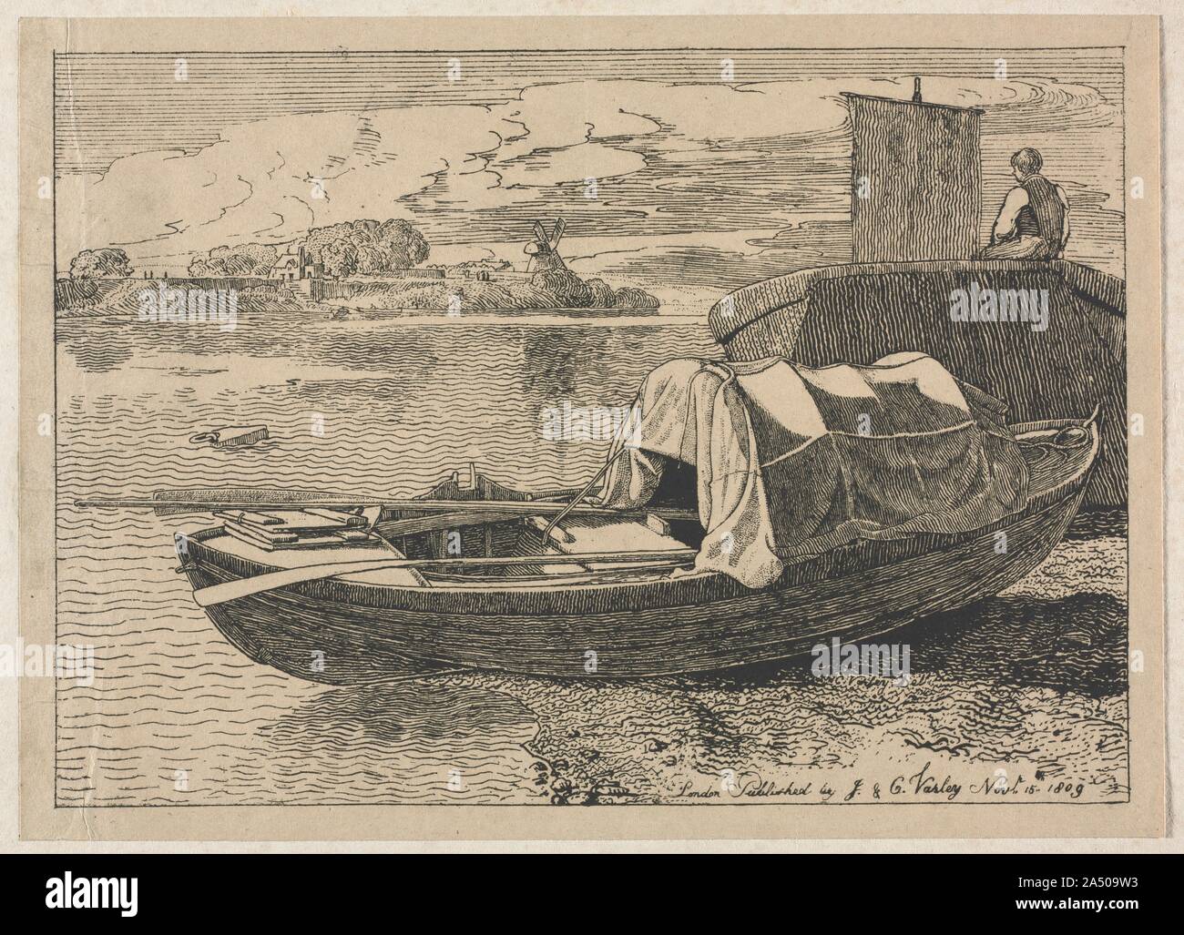 Boats on a River, Windmill in Distance, 1809 Stock Photo - Alamy