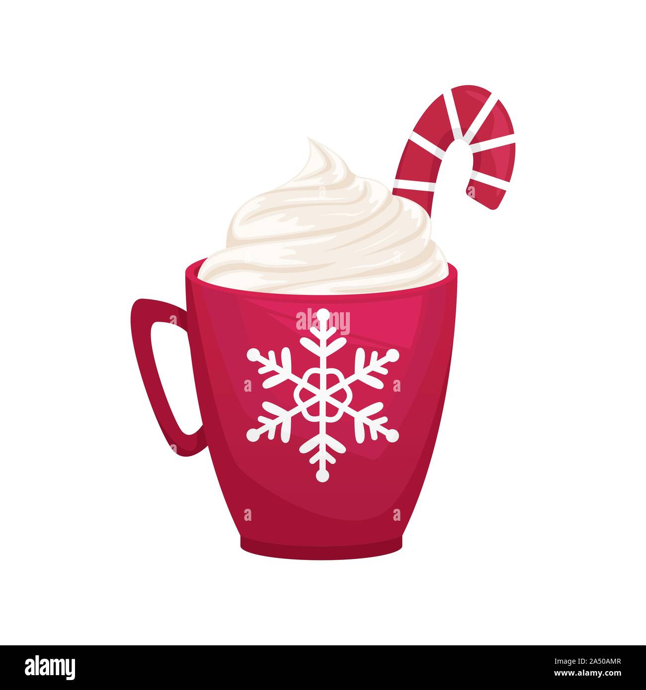 Christmas red mug with snowflake. Cocoa with whipped cream and Lollipop ...