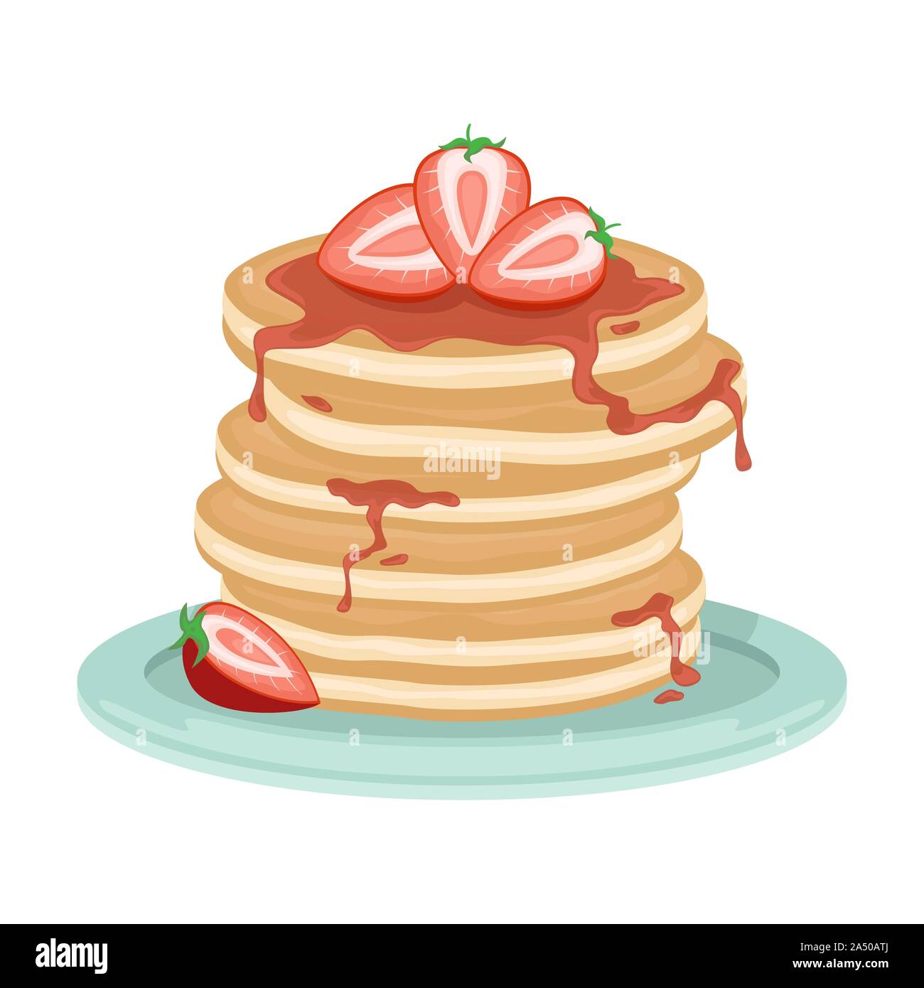 A stack of fried pancakes with strawberries and strawberry jam. Delicious breakfast. Cartoon ...