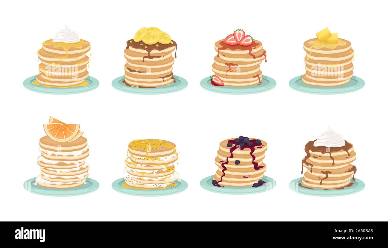Set of 8 types of pancakes. A stack of fried pancakes on the plate ...