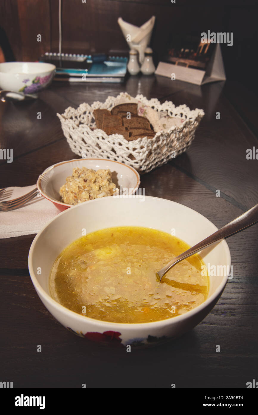 Traditional national Ukrainian and Russian soup pickle with kidneys in ...
