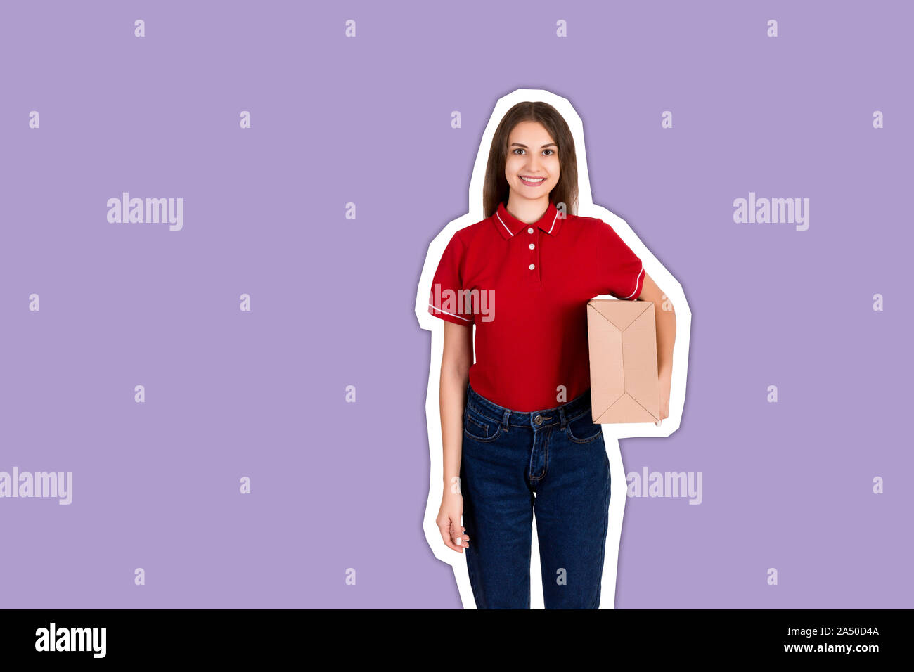 Young happy female delivery with a package in her hands Magazine ...