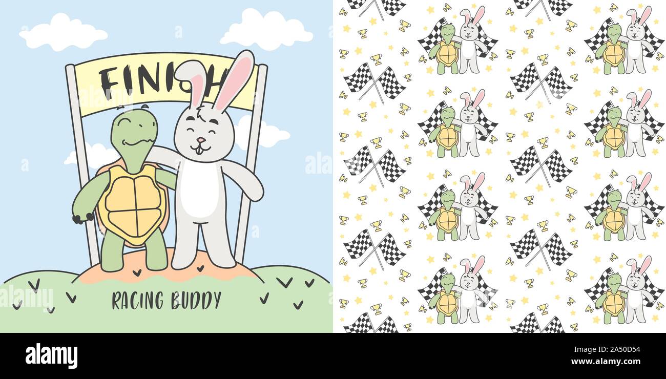 Turtle and Rabbit in finish line and Seamless Pattern Vector ...