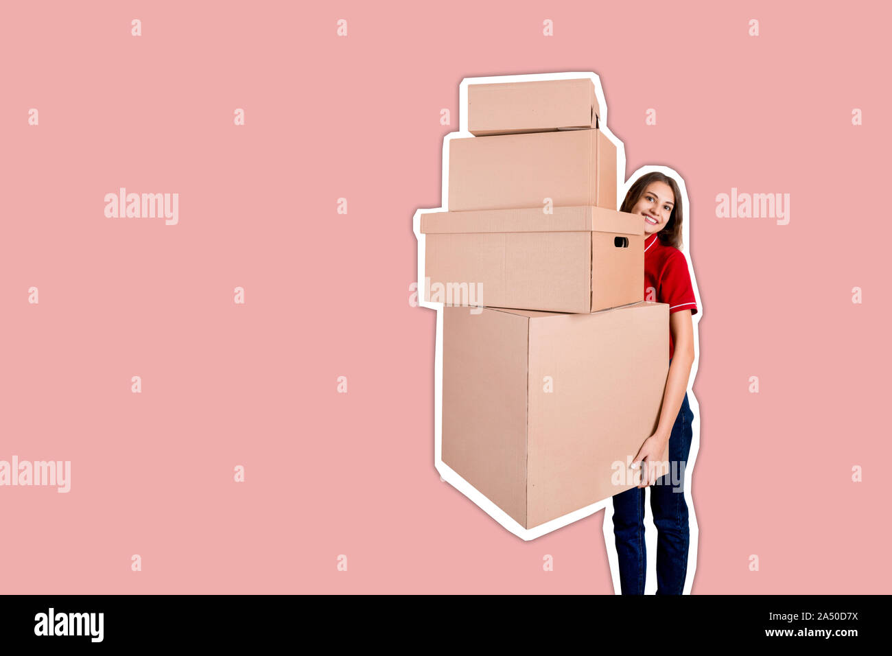 Smiling businesswoman is holding a lot of big cardboard boxes Magazine ...