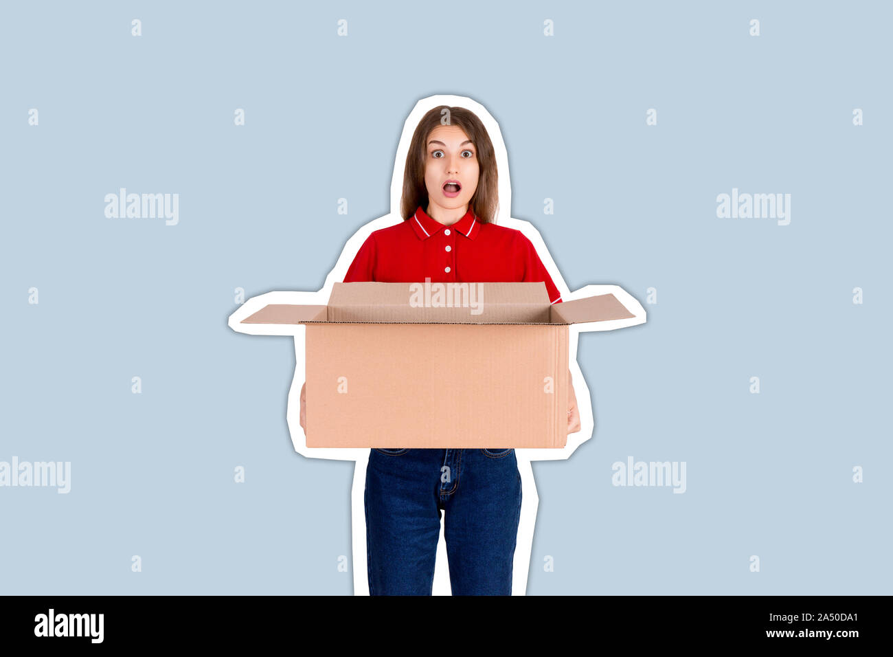 Shocked delivery girl is holding a big open parcel box Magazine collage ...