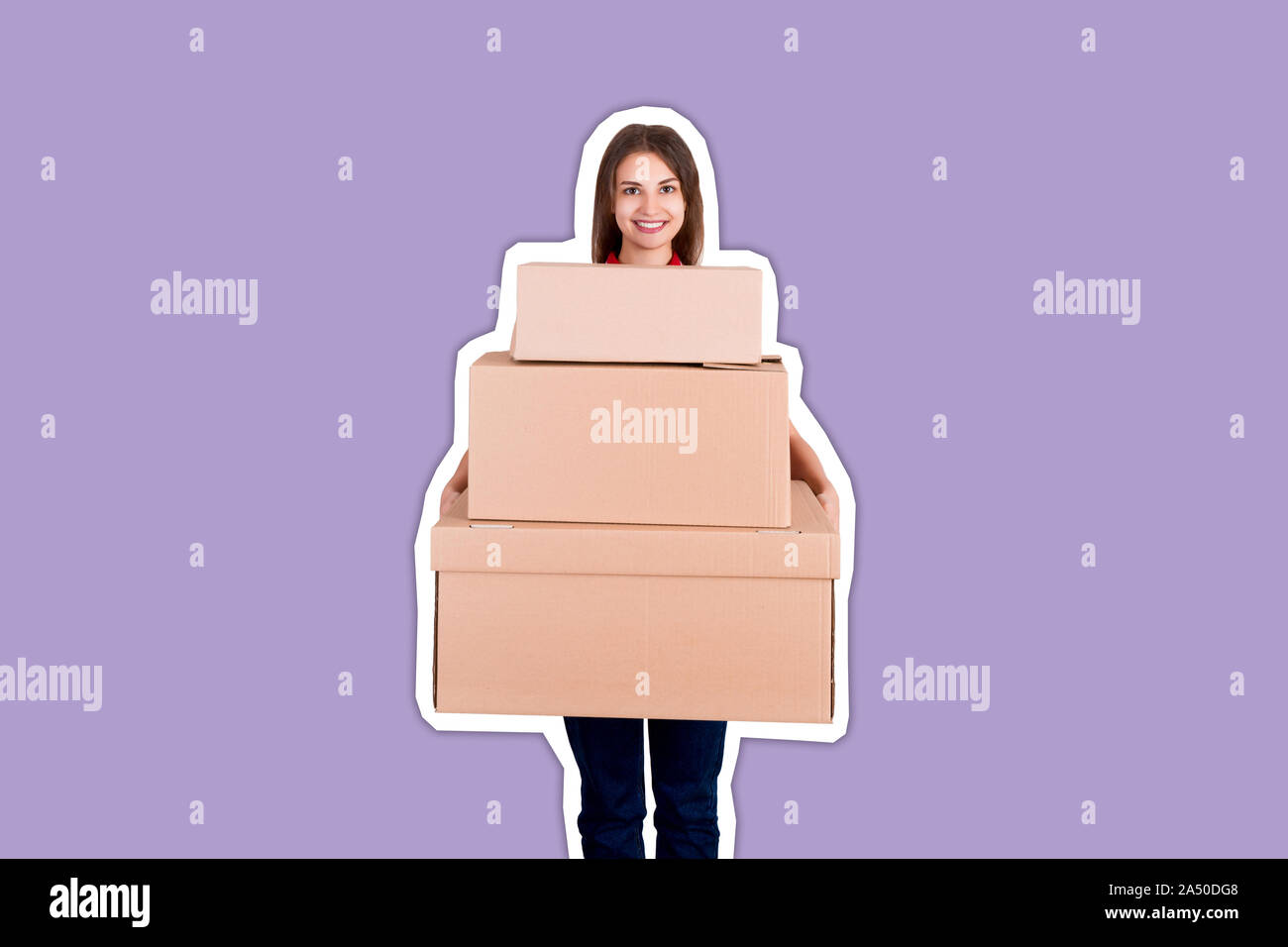 Smiling businesswoman is holding a lot of big cardboard boxes Magazine ...