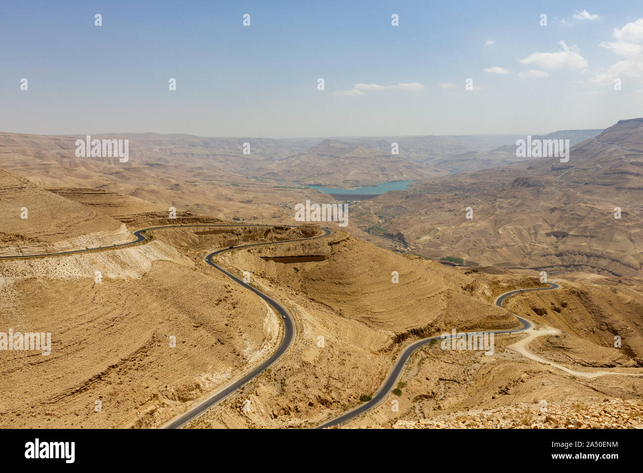 View of the Wadi Mujib where a long and winding road leads to the dam ...