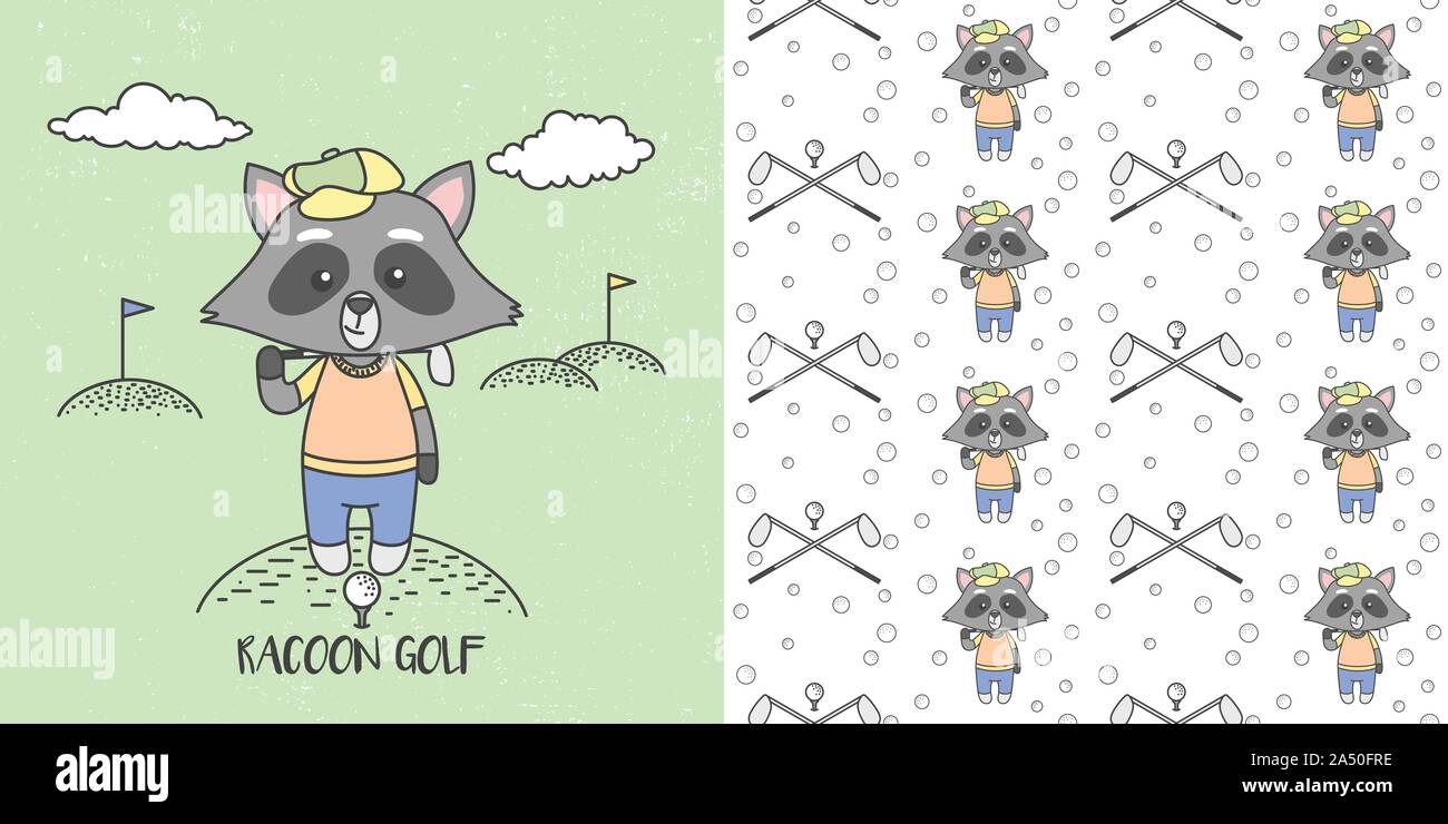 Cute Raccoons Playing Golf and Seamless pattern, Vector Illustration ...