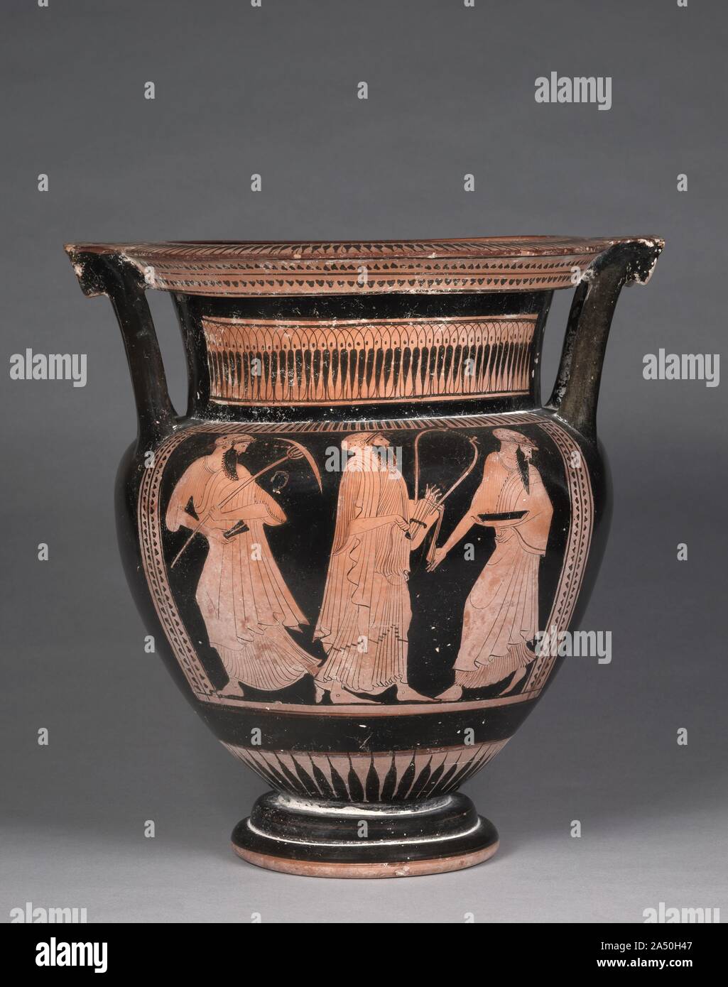 Column Krater, c. 470-460 BC. Three bearded komasts (revelers) each ...