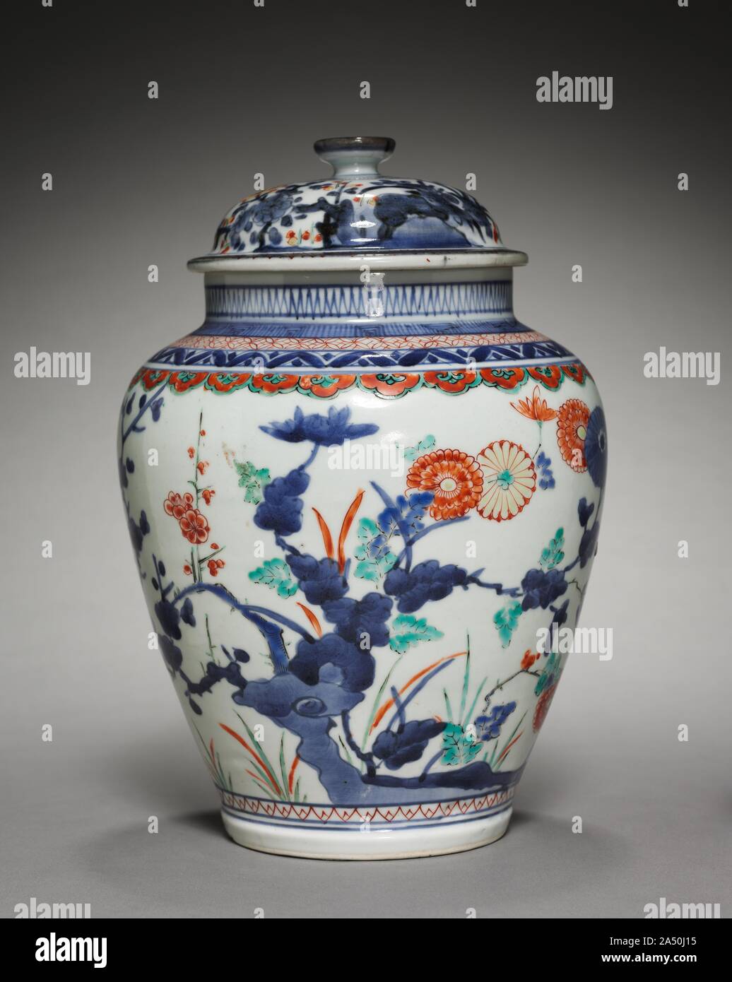 Covered Jar with Chrysanthemums, Peonies, and Prunus: In Kakiemon Style ...