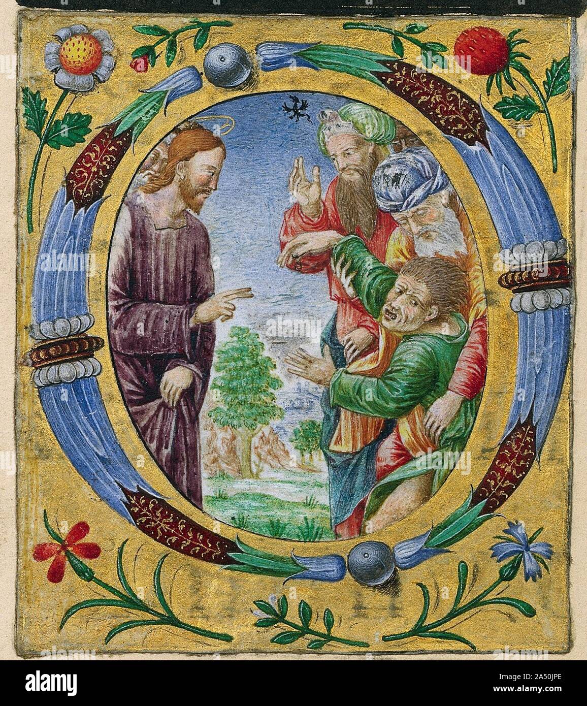 Cutting from a Missal: Initial O with Christ Performing an Exorcism, c ...