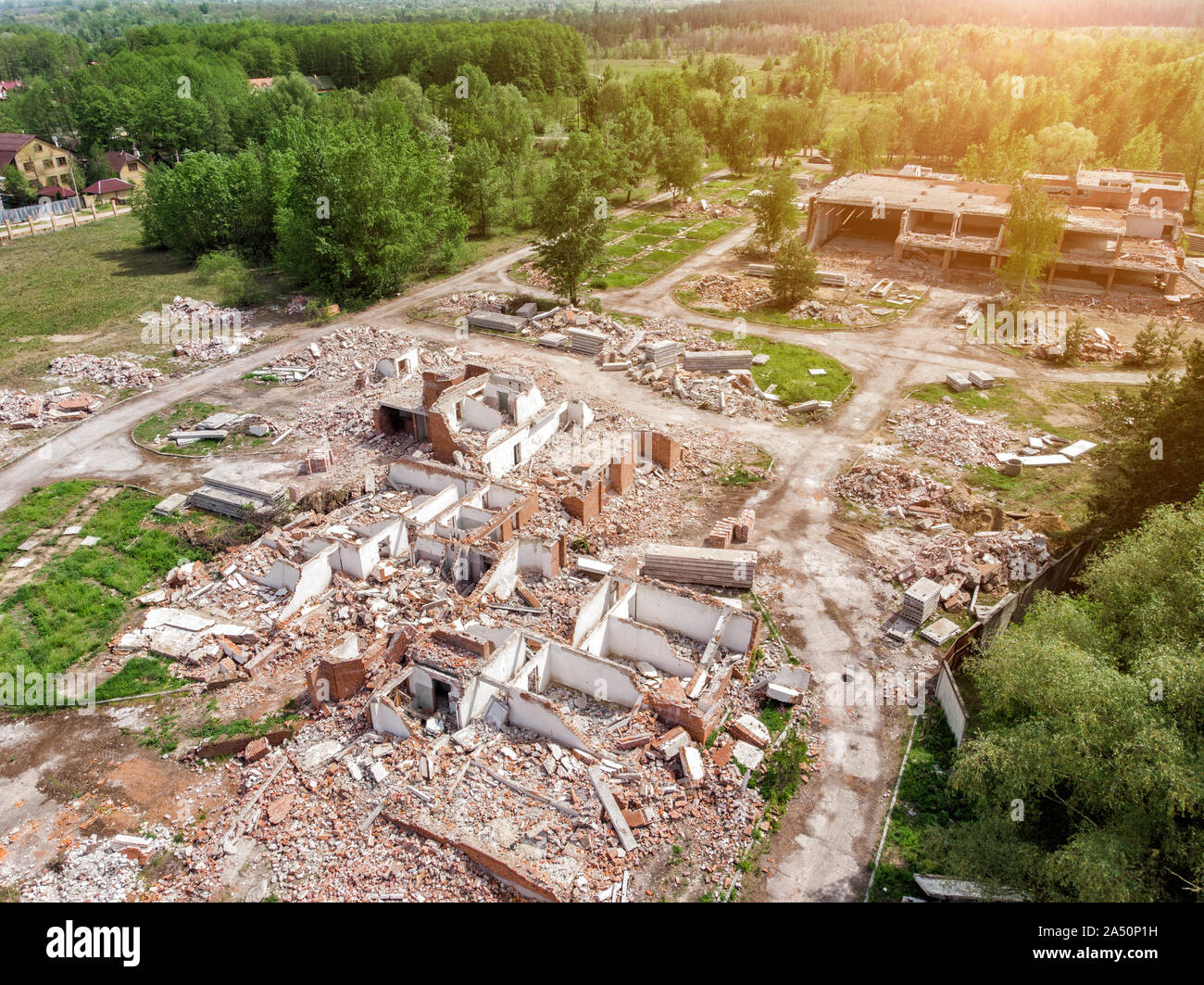 Aerial drone view of old demolished industrial building. Pile of ...